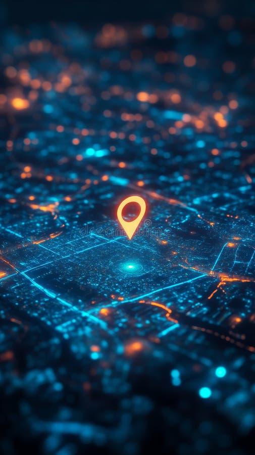 Digital Map with Glowing Location Pin, Futuristic Cityscape. Navigation ...