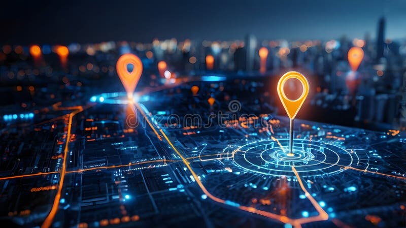 Digital Map with Glowing Location Pins Stock Illustration ...