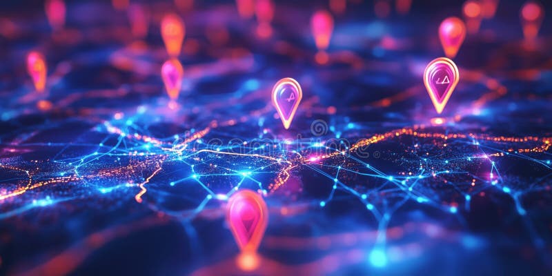 Digital Map Glowing Location Pins Interconnected Network Lines Stock ...