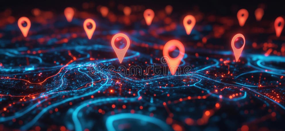 Digital Map with Glowing Location Pins, Representing Navigation ...