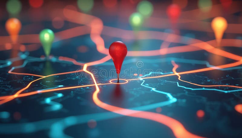 Digital Map with Glowing Pins Highlights Global Business Locations. Dynamic Network Connects ...