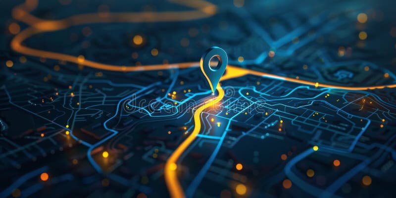 Digital Map with GPS Location on Map with Pin Route Path with Yellow ...