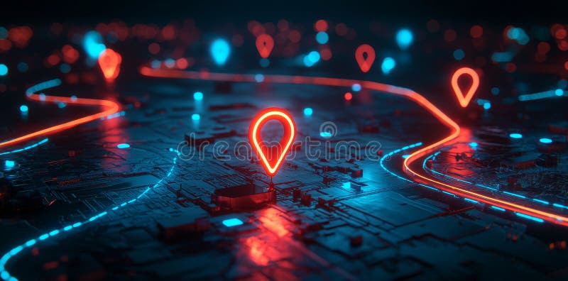 A Digital Map with GPS Pins and Connectivity Routes Illuminated at ...