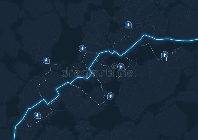 Digital Map with Highlighted Blue Line Route. Map Features Several with ...
