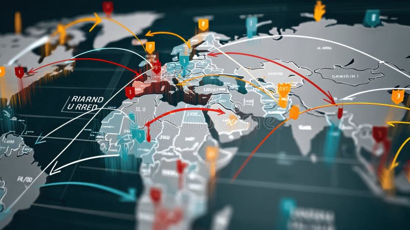 Digital Map Displaying Conflict Points and Export Arrows Across Various ...