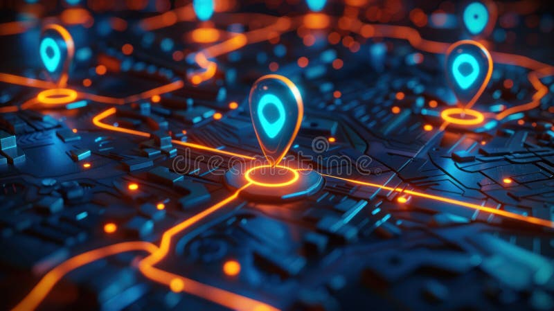 Digital Map Interface with Glowing Location Pins and Routes ...