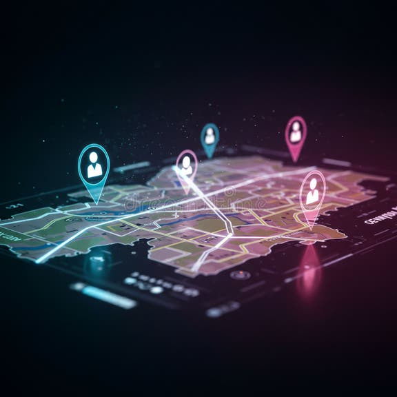 A Digital Map Interface with Neon-colored Geolocation Markers is ...