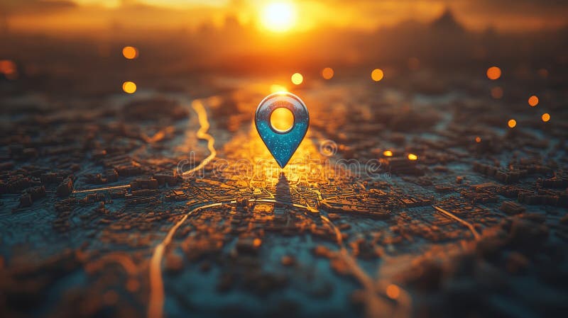 Digital Map with Location Pin and Glowing Cityscape in Warm Sunset ...
