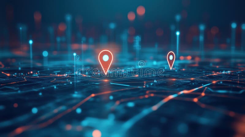 Digital Map with Location Pins, Glowing Network Connections, Futuristic ...