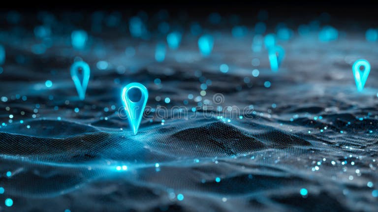 Digital Map Markers on a Futuristic Terrain Representing Location Data ...