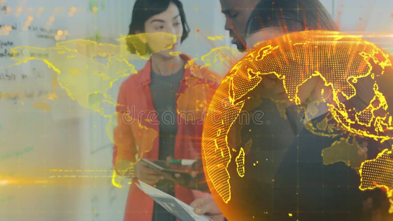 Digital Map Overlay Scanning Revealing Team Analyzing Business Charts ...