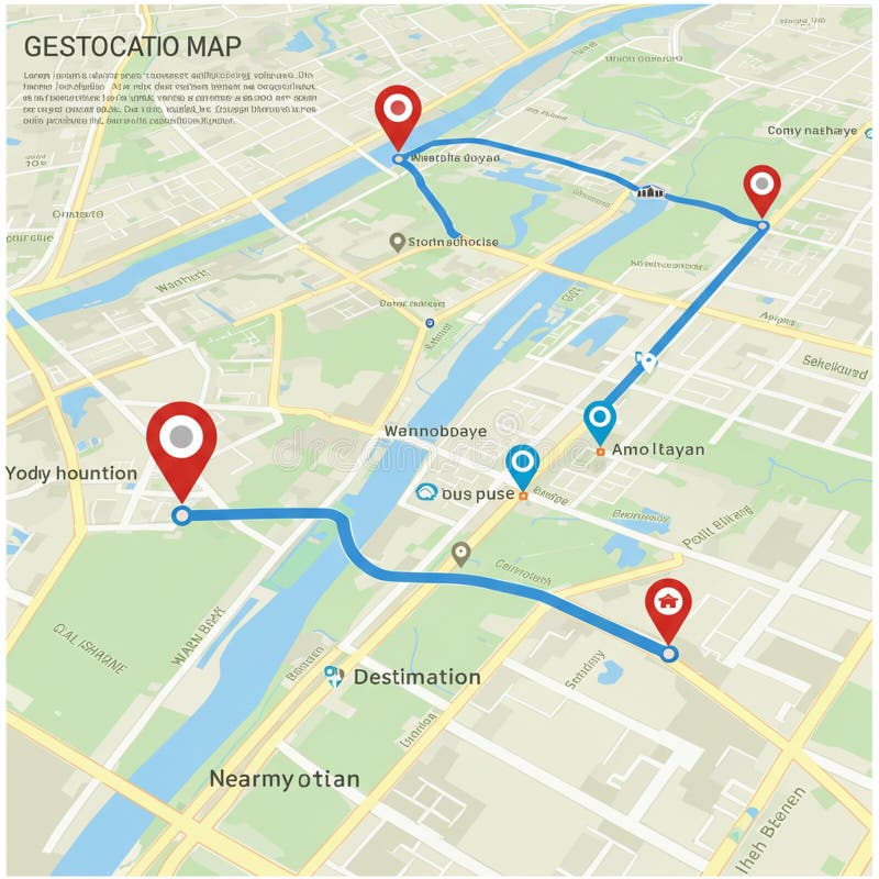 Digital Map with a Plotted Route Using Red and Blue Location Markers ...