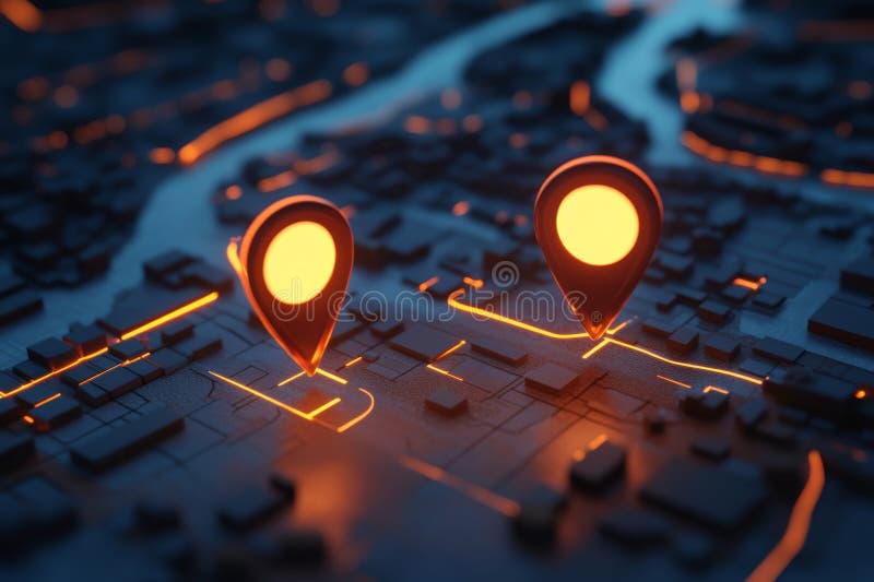 The Digital Map is Presented in a Flat Style, with Two Main Locations ...