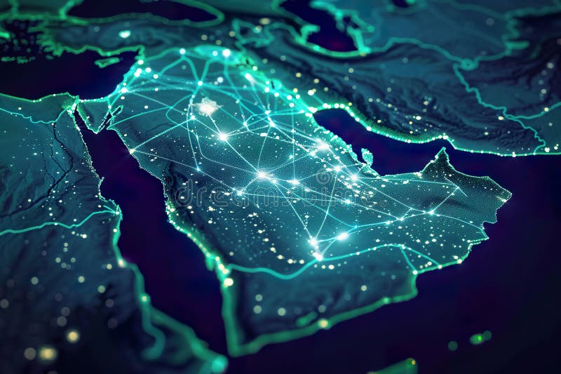 Digital Map of Saudi Arabia and Middle East Connectivity Network Stock ...