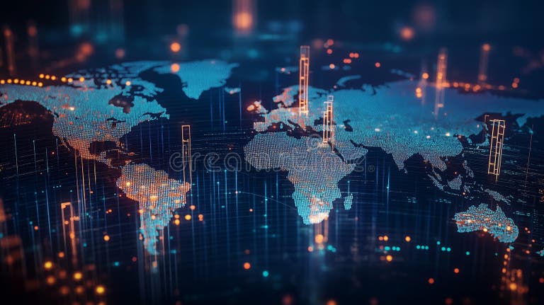 Digital Map Showcasing Global Connectivity with Illuminated Data Points and Network Graphs at ...