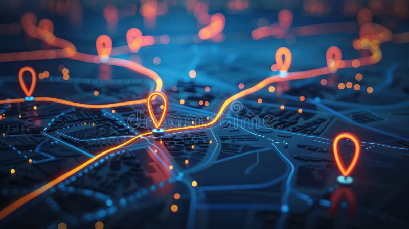A Digital Map Showing a Highlighted GPS Route with Waypoints Stock ...
