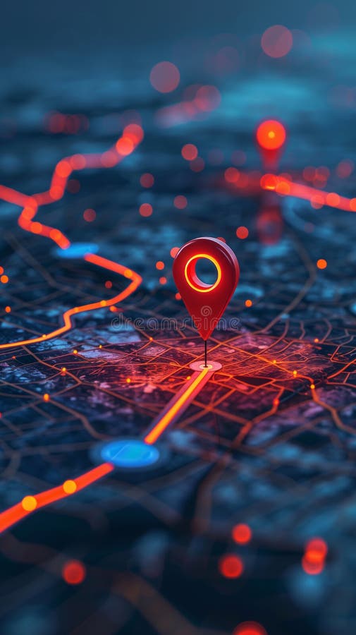 Digital Map Showing Two Locations with Red Pin Markers and Glowing Red ...
