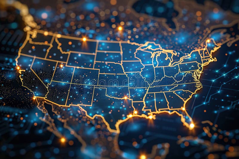 Digital Map of United States of America. Network and Connectivity, Data ...