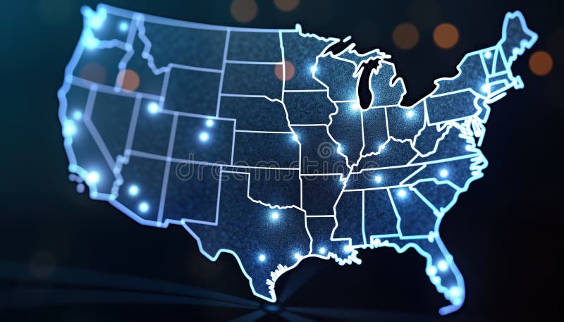 Digital Map of USA. Global Network Concept for North America. Data ...