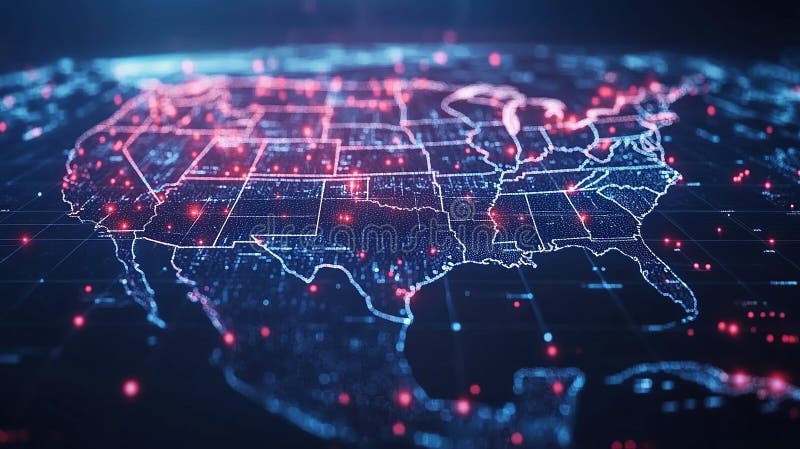 Digital Map of the USA with Glowing Nodes Representing Data Points or ...