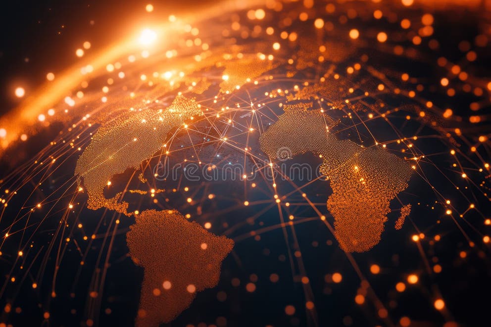 Digital Map of the World with Glowing Orange Network Connections ...