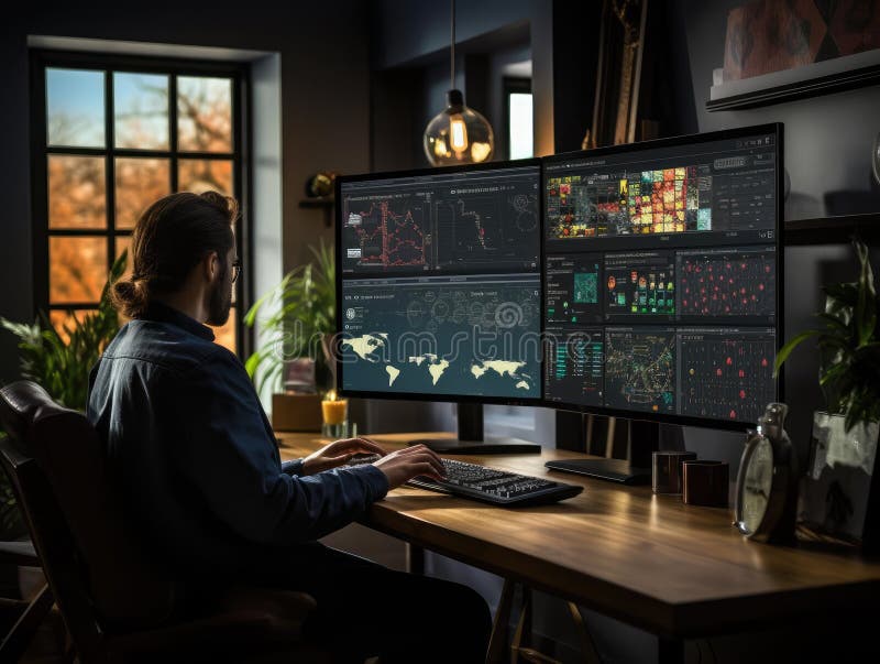 Digital Marketer Analyzes Data on Dualscreen Workstation Stock ...