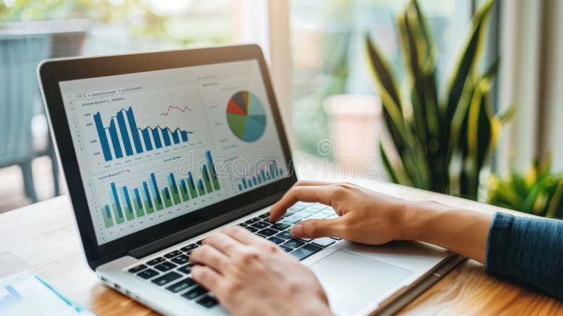 A Digital Marketer Analyzing Data on a Laptop with Graphs Stock ...