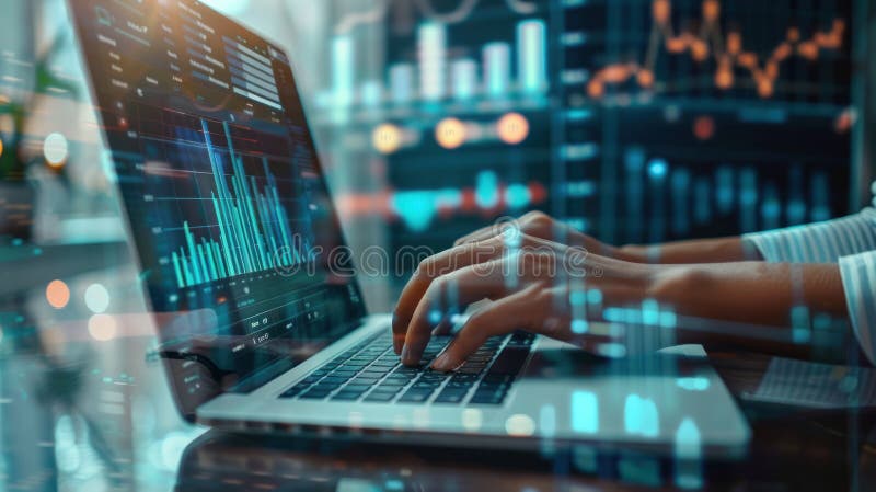 A Digital Marketer Analyzing Data on a Laptop with Graphs Stock ...