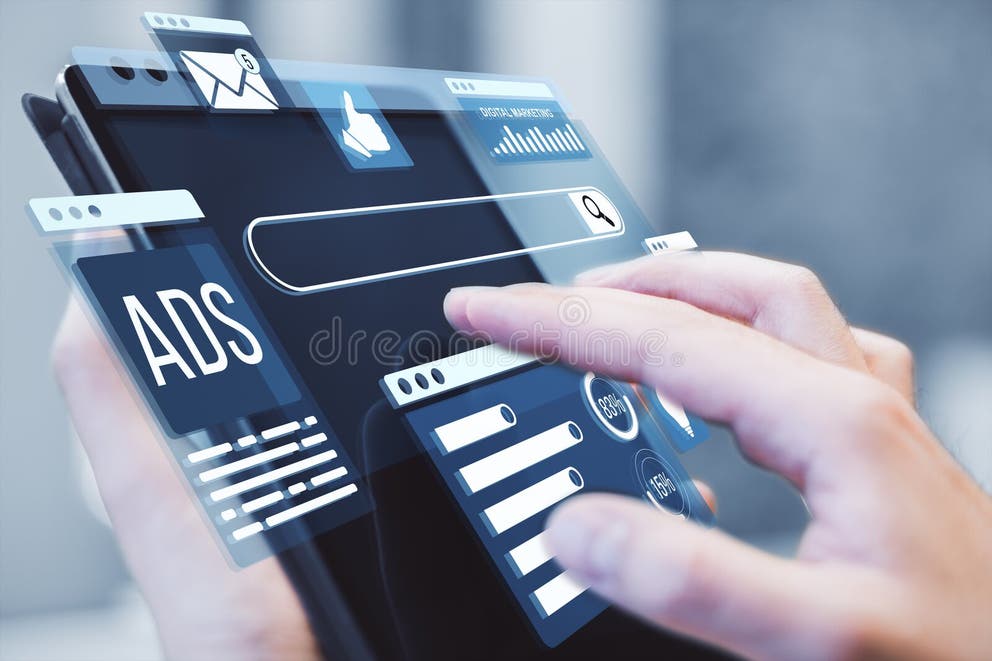 Digital Marketing and Advertising Interface on a Tablet Screen Stock ...