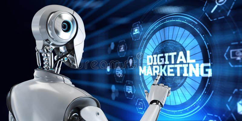 Digital Marketing Automation Concept. Robot Pressing Button on Screen ...