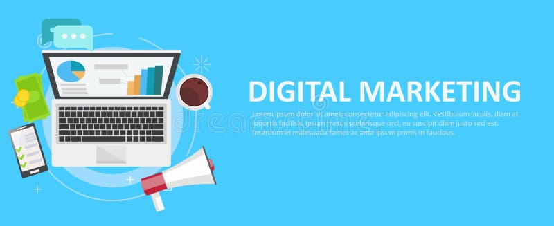 Digital Marketing Banner. Computer with Graphs, Money, Megaphone and ...