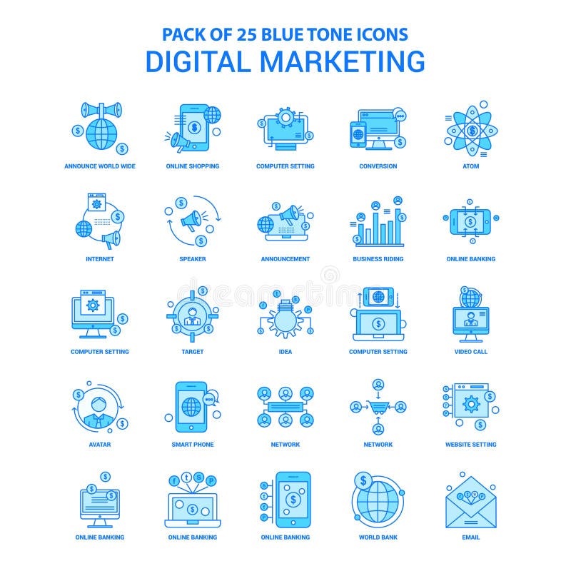 Digital Marketing Blue Tone Icon Pack - 25 Icon Sets Stock Vector ...