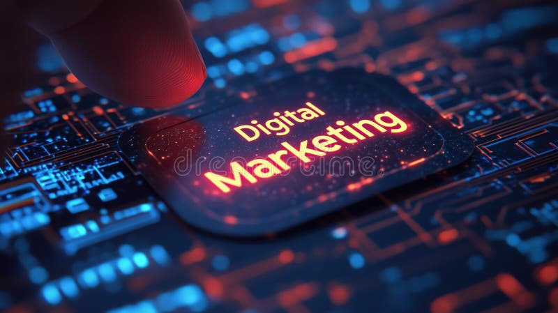 Digital Marketing Button on Circuit Board with Finger Pressing it ...