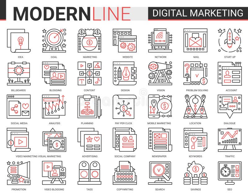 Digital Marketing Complex Red Black Outline Line Icons Vector ...