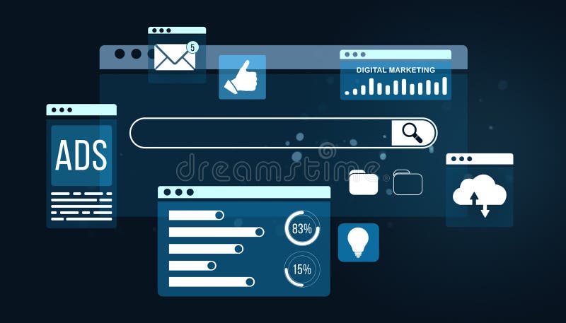 Digital Marketing Concept with Ads, Search Bar, Analytics, and Cloud ...