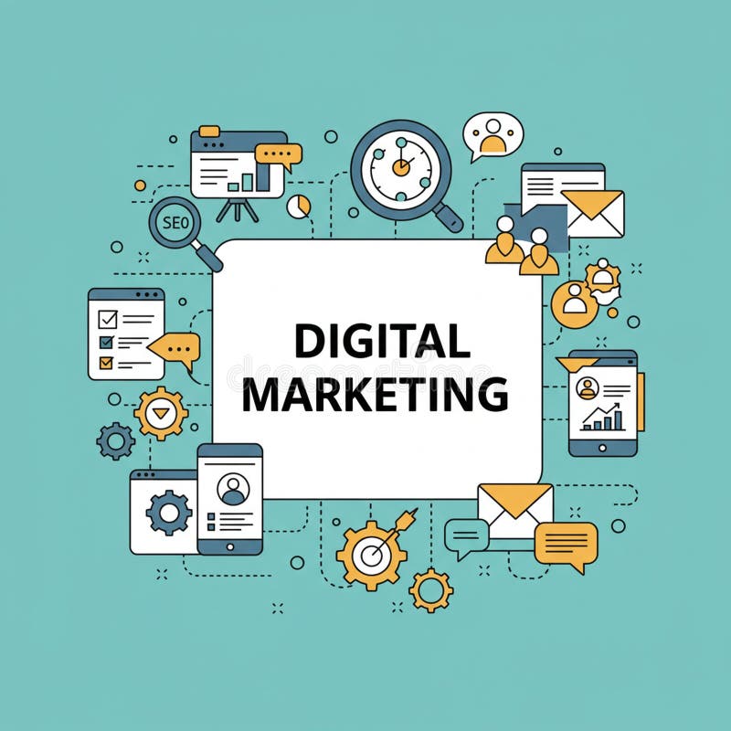 A Digital Marketing Concept Illustration Featuring a Central White ...