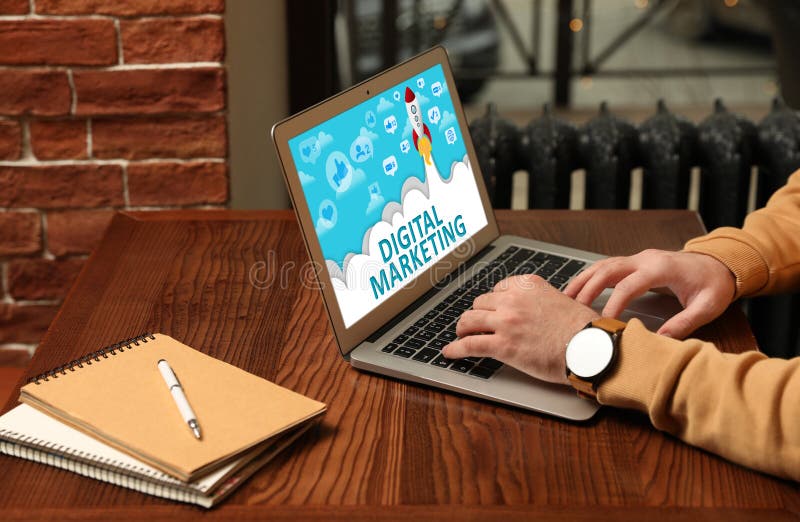 Digital Marketing. Man Working with Laptop in Cafe, Closeup Stock Photo ...