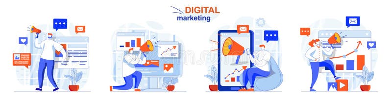 Digital Marketing Concept Set. Online Promotion, Data Analytics and ...