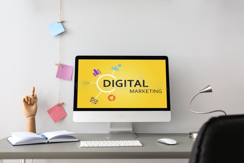 Digital Marketing Concept. Workplace with Computer Stock Photo - Image ...