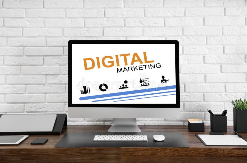 Digital Marketing Concept. Workplace with Computer Stock Image - Image ...