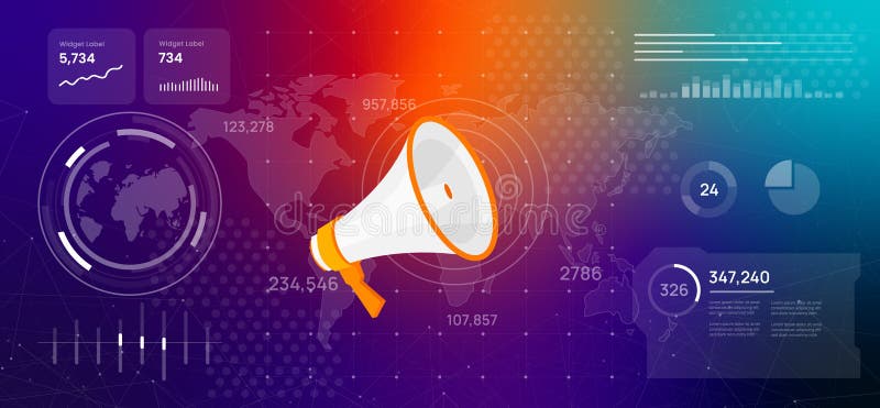 Digital Marketing Dashboard Displaying Global Data Megaphone Icon Illustration Visualizing ...