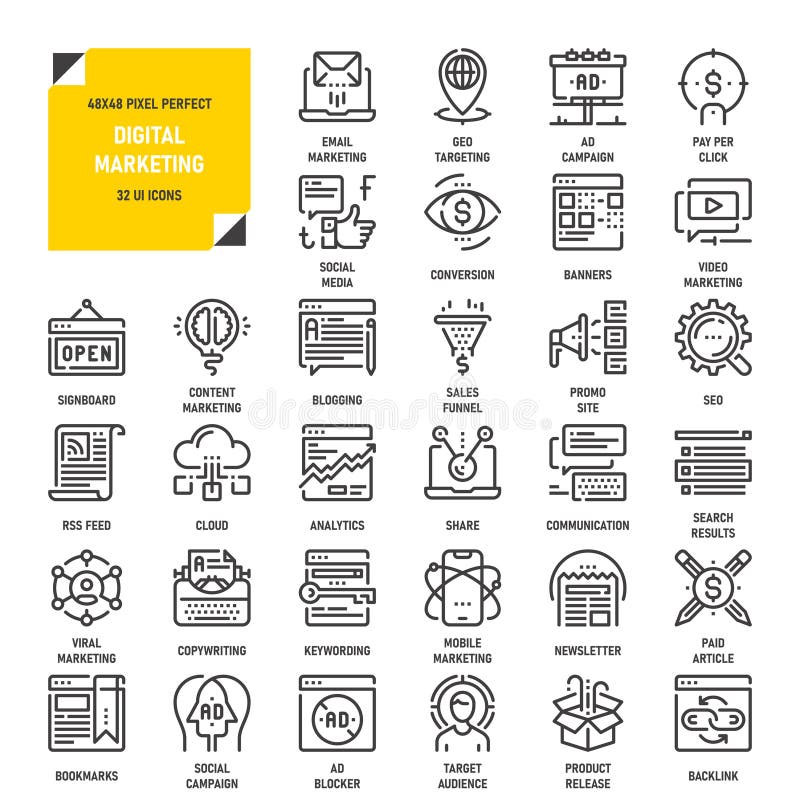 Digital Marketing Flat Line Web Icons Stock Vector - Illustration of ...