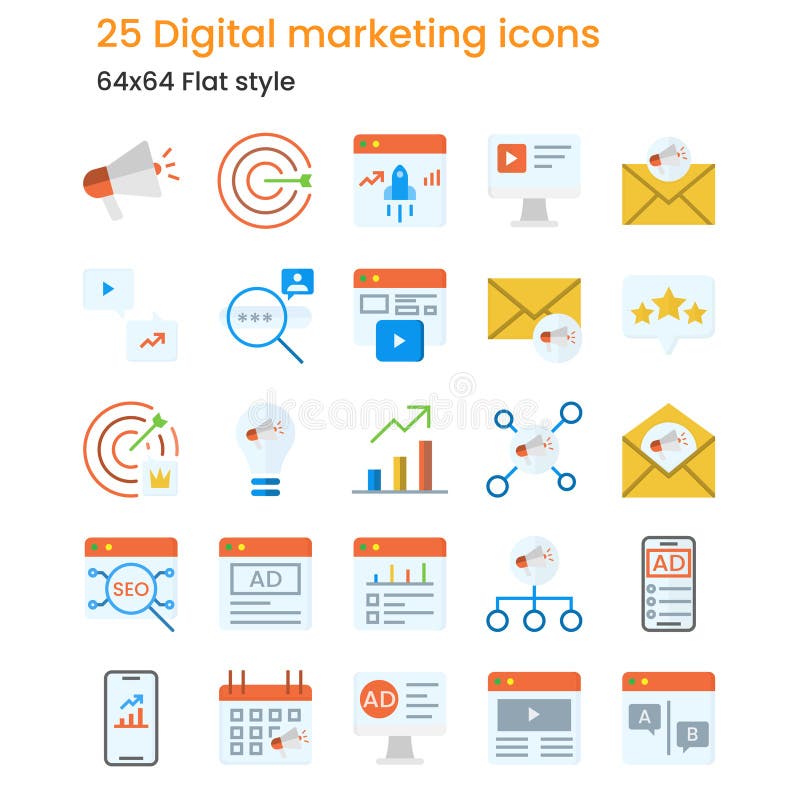 Digital Marketing Icons. Flat Style Stock Vector - Illustration of ...