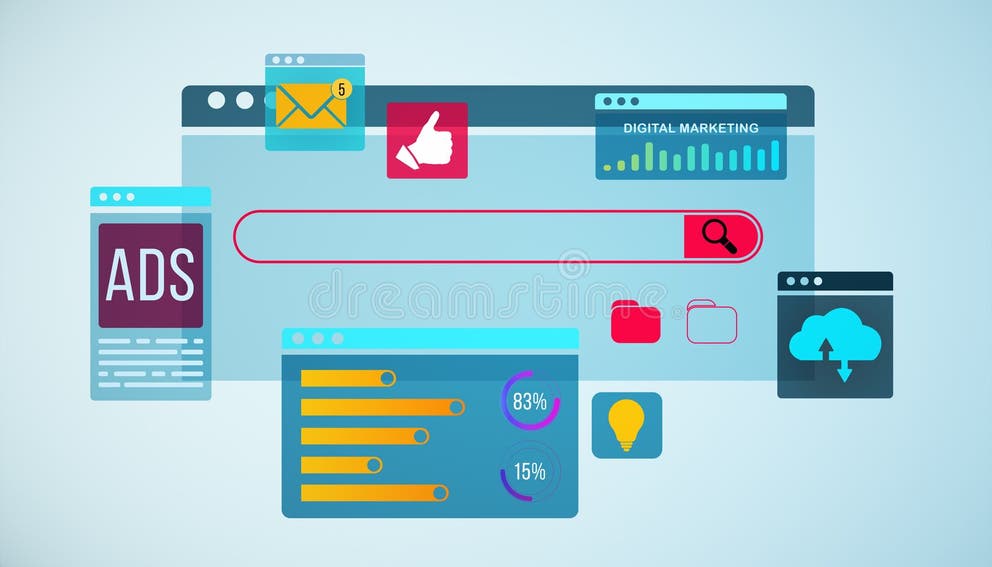 Digital Marketing Interface with Ads, Stats, and Web Icons on a Light ...