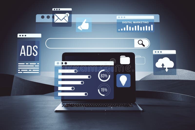 Digital Marketing Interface with Floating Ads, Stats, and Icons on a ...