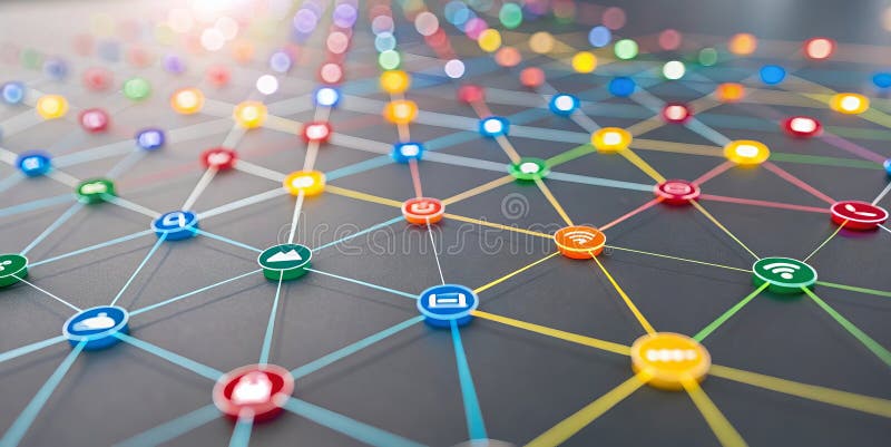 Digital Marketing Network Visualization with Colorful Icons and Connections Stock Illustration ...