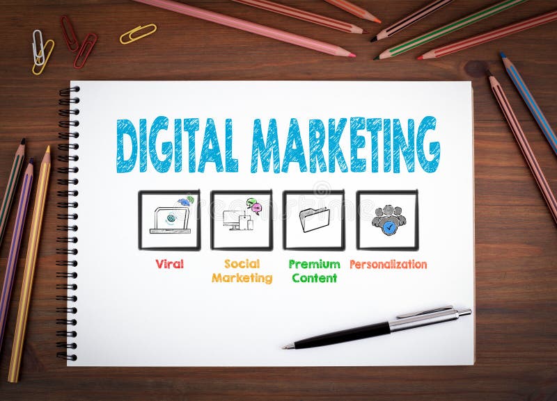 Digital Marketing. Notebooks, Pen and Colored Pencils on a Wooden Table ...