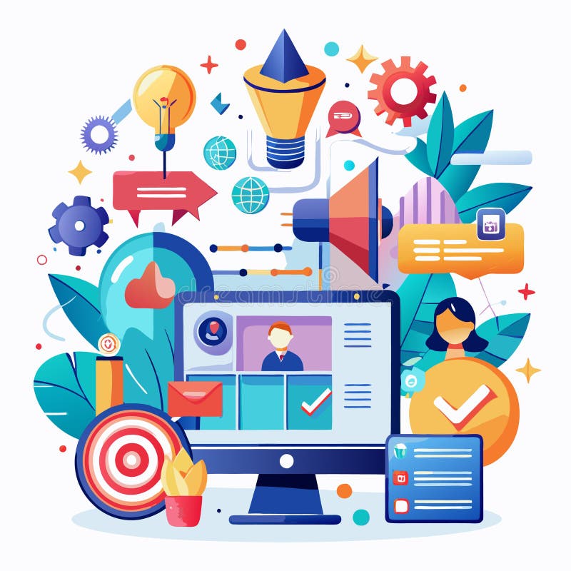 Digital Marketing Strategy with Icons of Ideas, Goals, Feedback, and ...