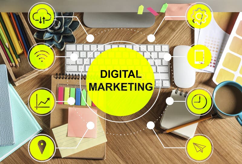 Digital Marketing Strategy. Workplace with Computer, Flat Tay Stock ...