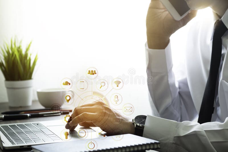 Businessman Hands Using Laptop Computer, Mobile on Office Desk. Stock ...